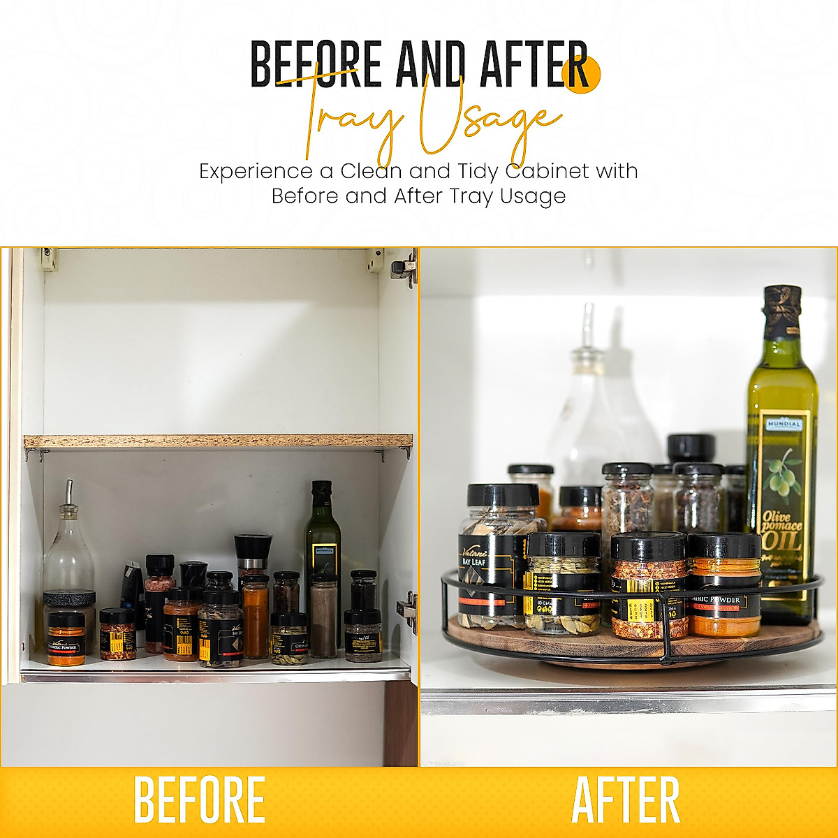 DECORSTATION Wooden Lazy Susan Organizer, 12.5 Inches - Round Lazy Susan for Table, Artistic Acacia Wood with Sturdy Black Steel Bar - 360 Degree Smooth Rotating – Suitable for Countertops & Cabinets