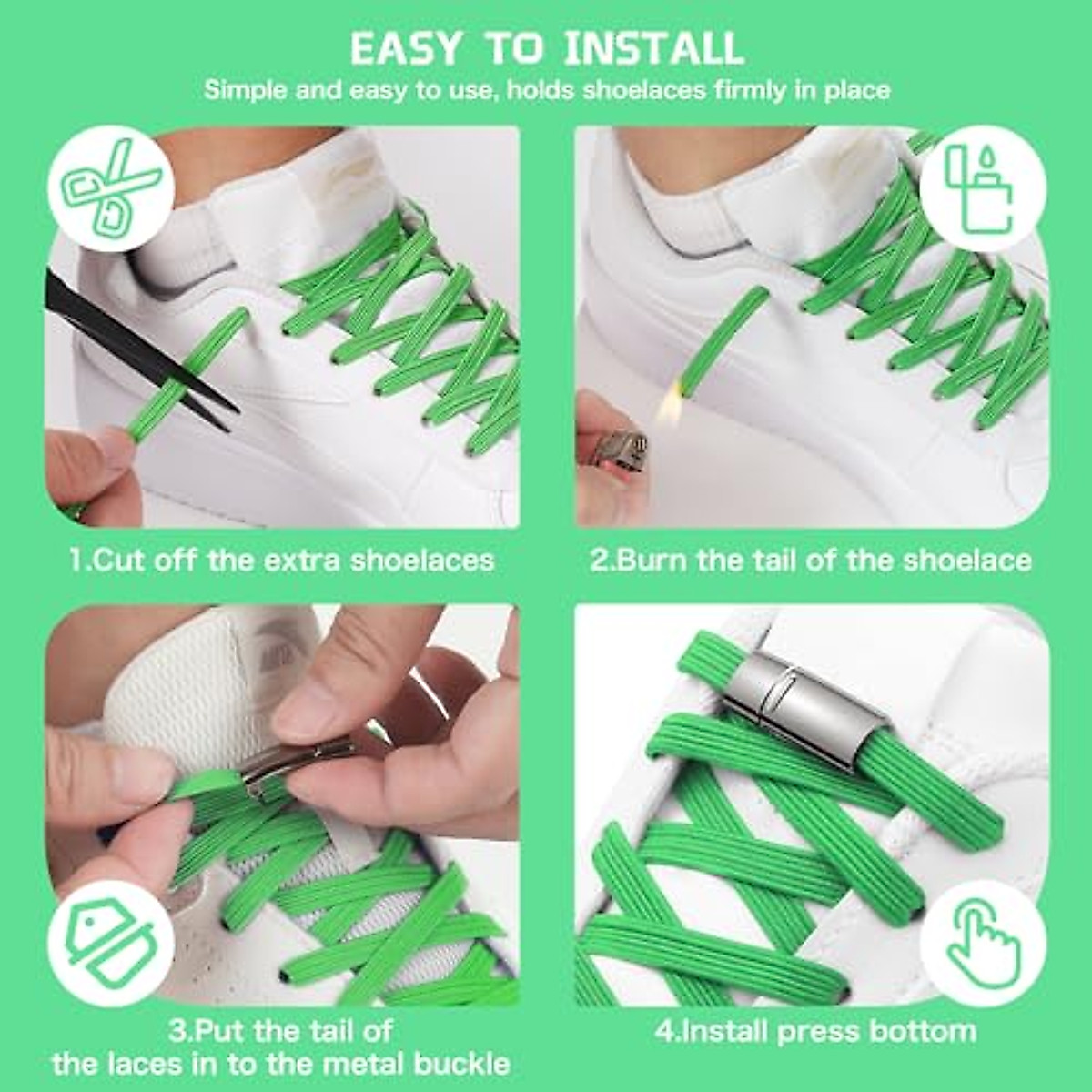 Aiboxin 2 Pairs No Tie Elastic Flat Shoe Laces for Sneakers, Stretch Shoelaces for Kids & Adults, Tieless Shoes Strings