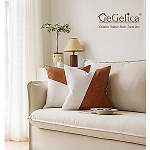 GEGELICA Faux Leather Patchwork White Linen Throw Pillow Covers Modern Minimalist Farmhouse Solid Boho Decorative Pillow Covers for Couch Living Room Bedroom Set of 2 18X18 Inch Brown and Cognac