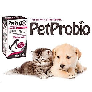 HealthAid PetProbio, 5 Billion with Probiotic, 10 Strains, 30ct, Once Daily for Cats and Dogs, Helps with Pet’s Digestive Health, Natural Beef, Liver, & Bacon Flavor