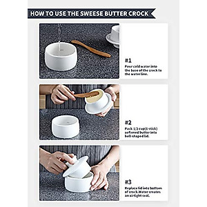 Sweese 317.101 Butter Crock Keeper with Water Line, French Butter Dish - Holds Up to 4oz East and West Coast Butter - Perfect Spreadable - Porcelain, White