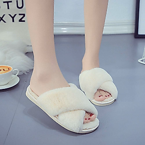HUMIWA White Cross Slippers Fuzzy Fluffy Faux Fur House SPA Cute Open Toe Slippers for Women Girl/Women8-8.5 Men7-7.5