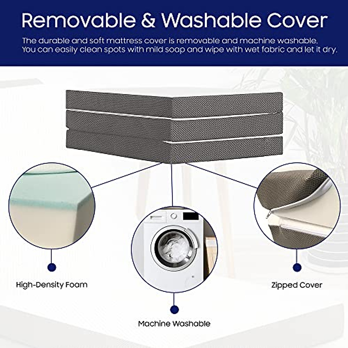 Mayton 3-Inch Portable Tri Folding Gel Memory Foam Mattress | Breathable Mesh Sides with Ultra Soft, Removable and Washable Cover, Comfortable Support Cot Pad, Standard Size, 31-Inch, White