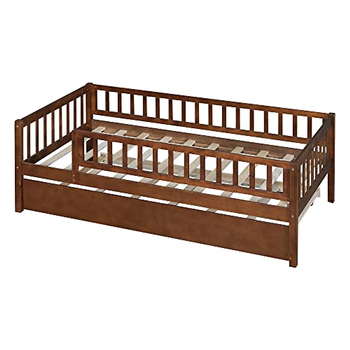 DEINPPA Twin Bed with Trundle, Kids Daybed Trundle Bed, Wooden Bed Frame with Fence Guardrails for Kids Children Toddlers Boys Girls-Walnut