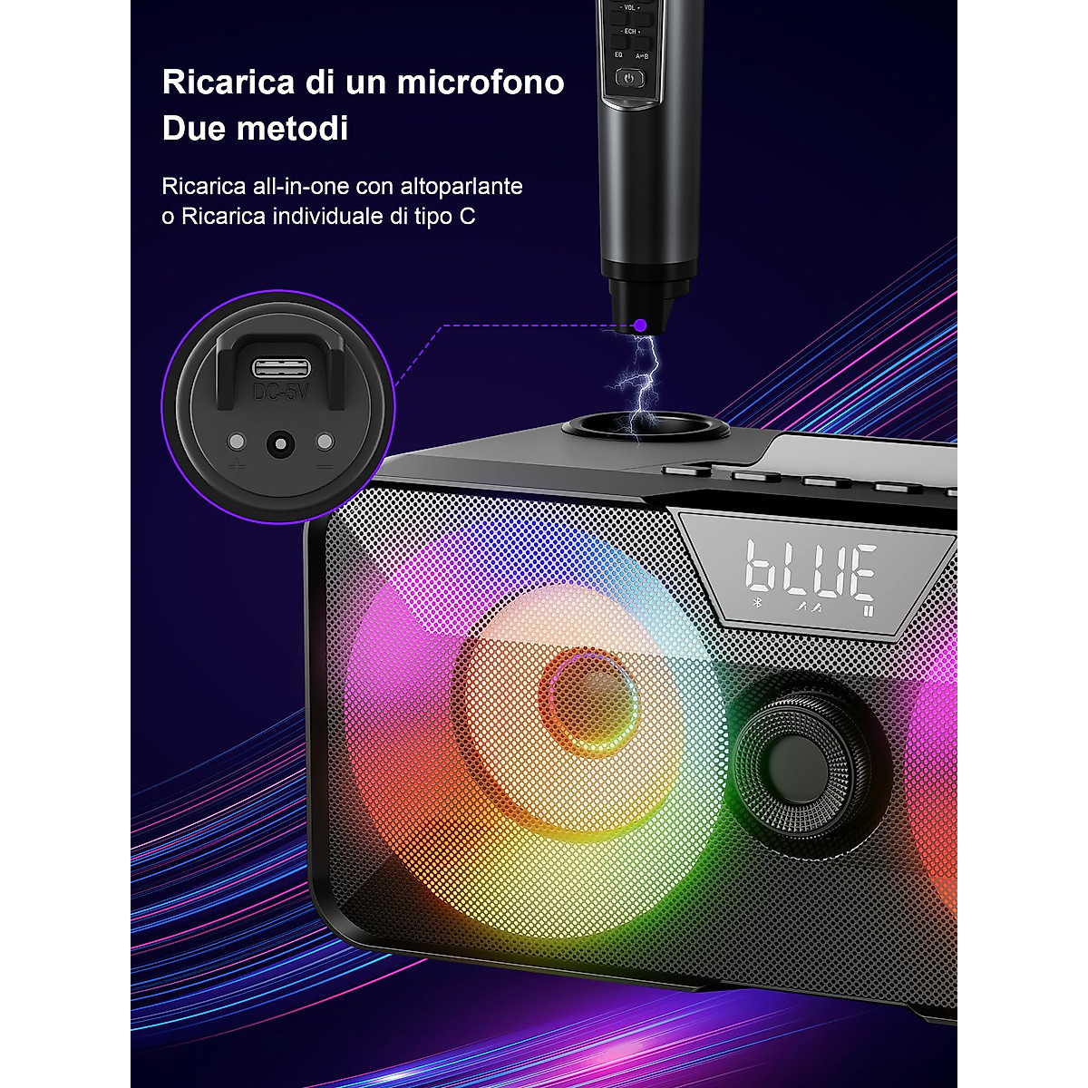 Karaoke Machine for Adults Kids with 2 UHF Wireless Microphones,Portable Bluetooth Singing PA Speaker System with LED Lights for Home Party,Outdoor/Indoor/Wedding,Church,Picnic,Birthday Gifts.