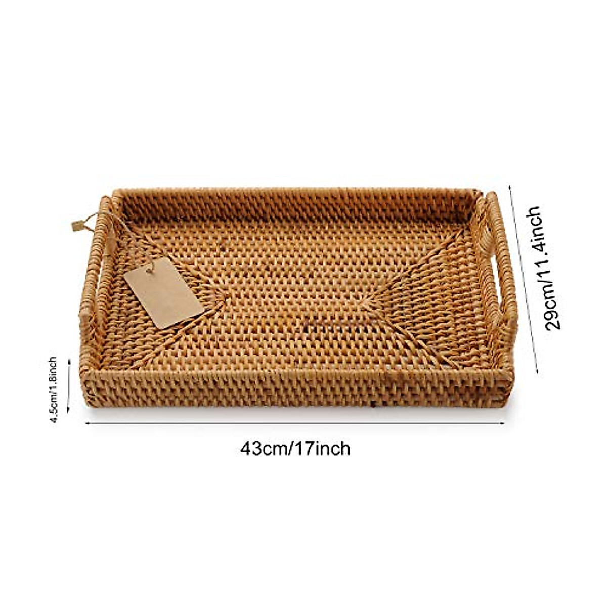 Hand-Woven Rattan Rectangular Serving Tray with Handles for Breakfast, Drinks, Snack for Coffee Table (17x11.4x1.8inches)