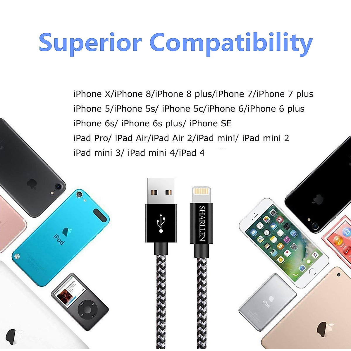 Sharllen 5 Pack 6 Feet MFi Certified Lightning Cable, Fast USB iPhone Charging Cable, Compatible with iPhone 12/11Pro/XS/Max/X/8/8P/7P/6/6P/iPad, Nylon Braided Data Wire, Black