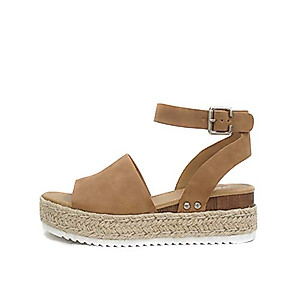 Soda Topic Open Toe Buckle Ankle Strap Espadrilles Flatform Wedge Casual Sandal (10, Tan)