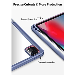 ExuCase for iPad Air 5th Generation 10.9 Inch 2022 / iPad Air 4th Gen 2020 / iPad Pro 11 2022/2021/2020/2018 with Pencil Holder, Trifold Smart Cases Shell + Clear Transparent Back Cover, Gray Purple