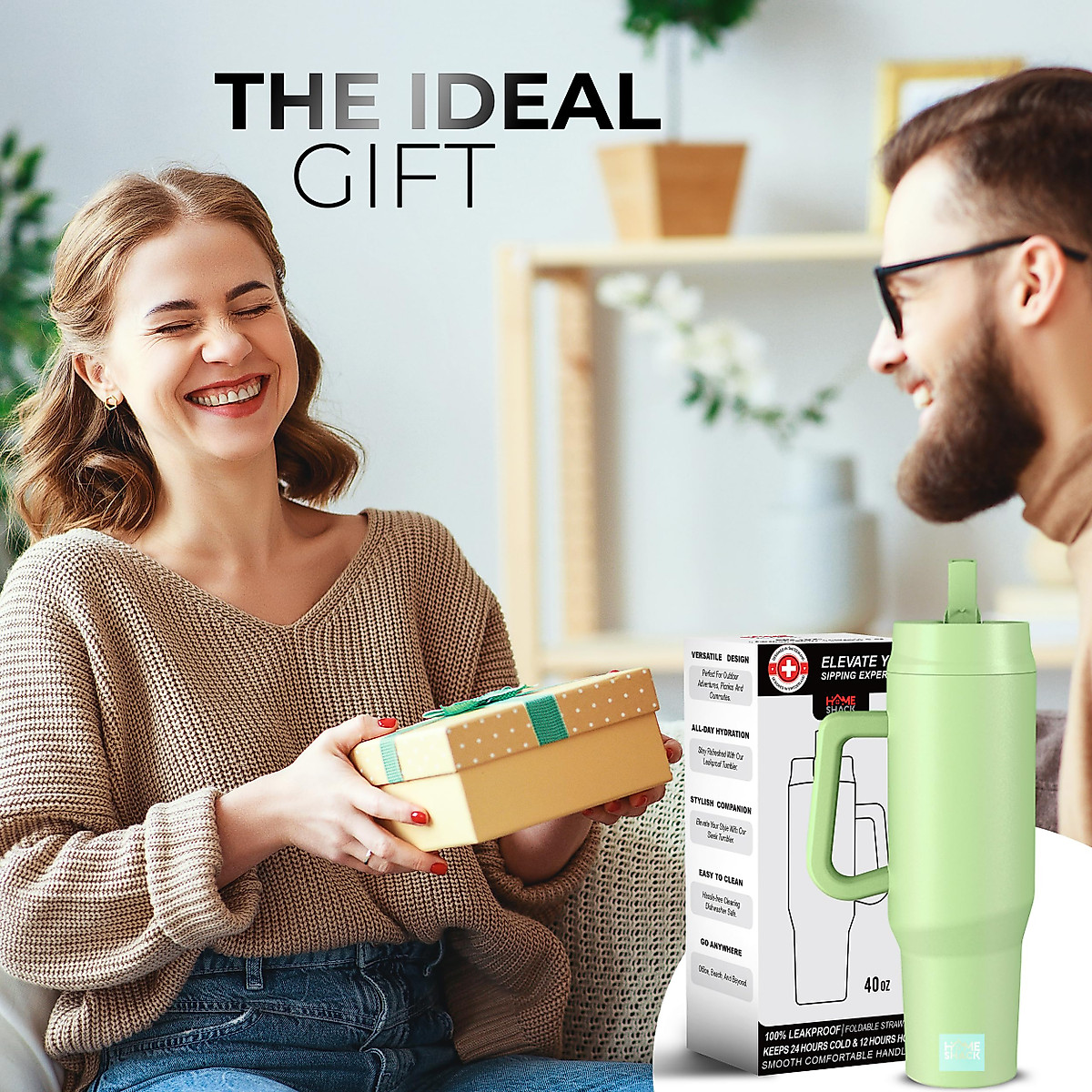 HOMESHACK 40 oz Tumbler with Handle and Foldable Straw Lid - Leakproof Insulated Stainless Steel Water Bottle - Hot & Cold Beverage Travel Mug - Reusable Iced Coffee Cup - Cupholder Friendly - Gift