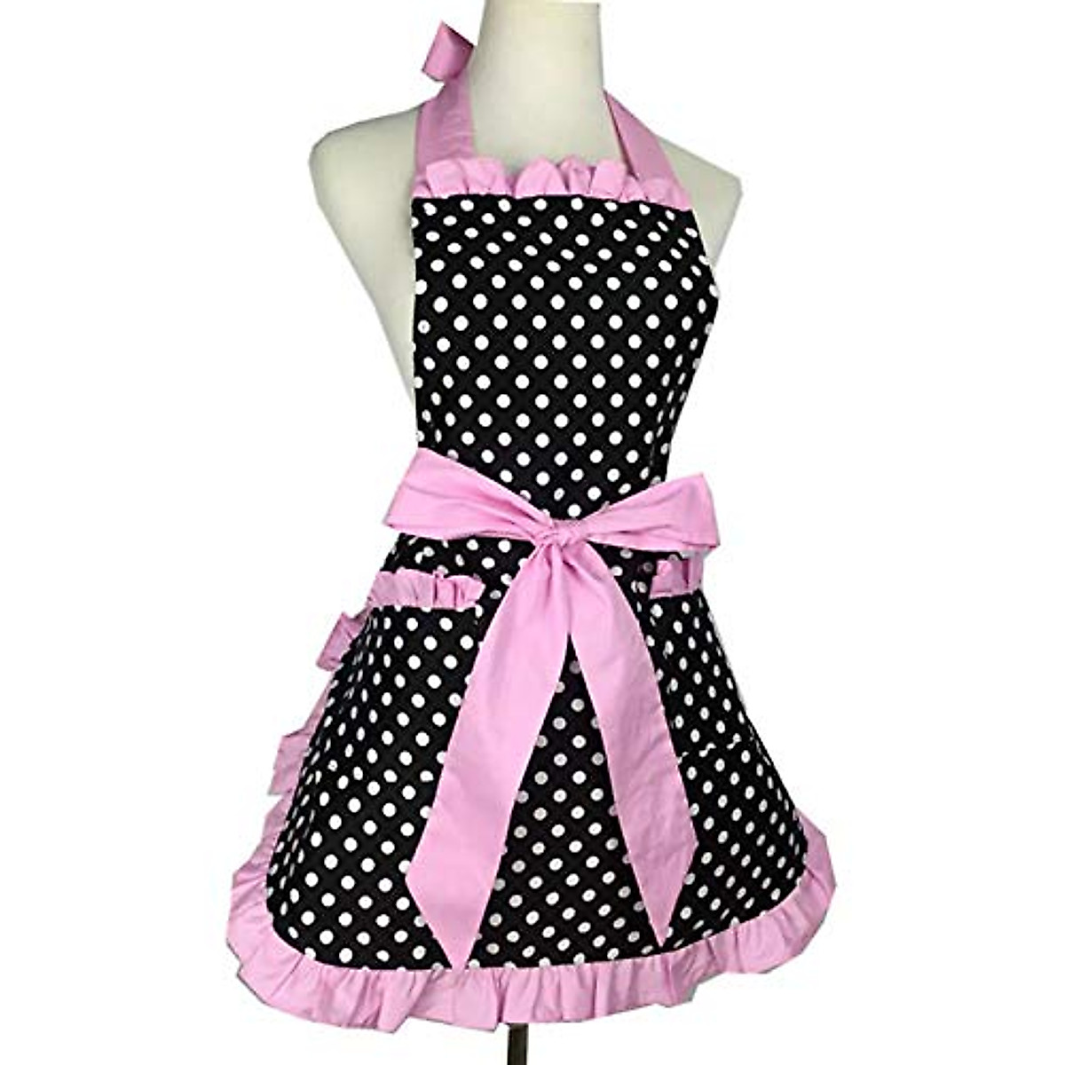 Hyzrz Cute Apron Retro Black Polka Dot Retro Ruffle Side Vintage Cooking Aprons with Pockets for Women Girls (Side Pink)