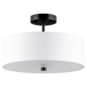 3-Light Semi Flush Mount Ceiling Light Fixture, 13" Black Drum Light, Modern Close to Ceiling Light with White Fabric Shade Lamps for Bedroom Living Dining Room Kitchen Hallway Entryway