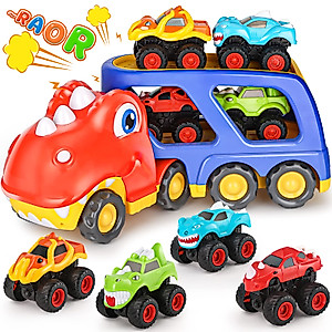 Aoskie Toddler Toys for 1 2 3 Year Old Boys Grils, Dinosaur Truck Toys for Kids with 4 Pull Back Dino Car, Christmas Party Birthday Gift