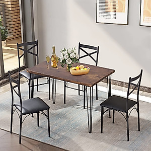 VECELO Kitchen Dining Room Table Set for Dinette, Breakfast Nook, 4 PU Metal Frame Chairs,Rectangular, Set of 5, Brown