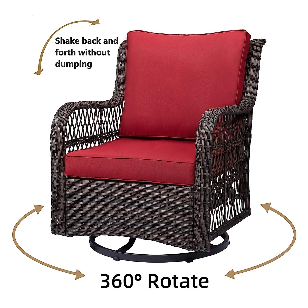 OMTech Rocking Chair, Outdoor Wicker Rotation Rocking Chair with Cushion, Outdoor Rocking Chair Set of 3, with End Table, Indoor Outdoor Patio Yard Bistro Furniture, Red