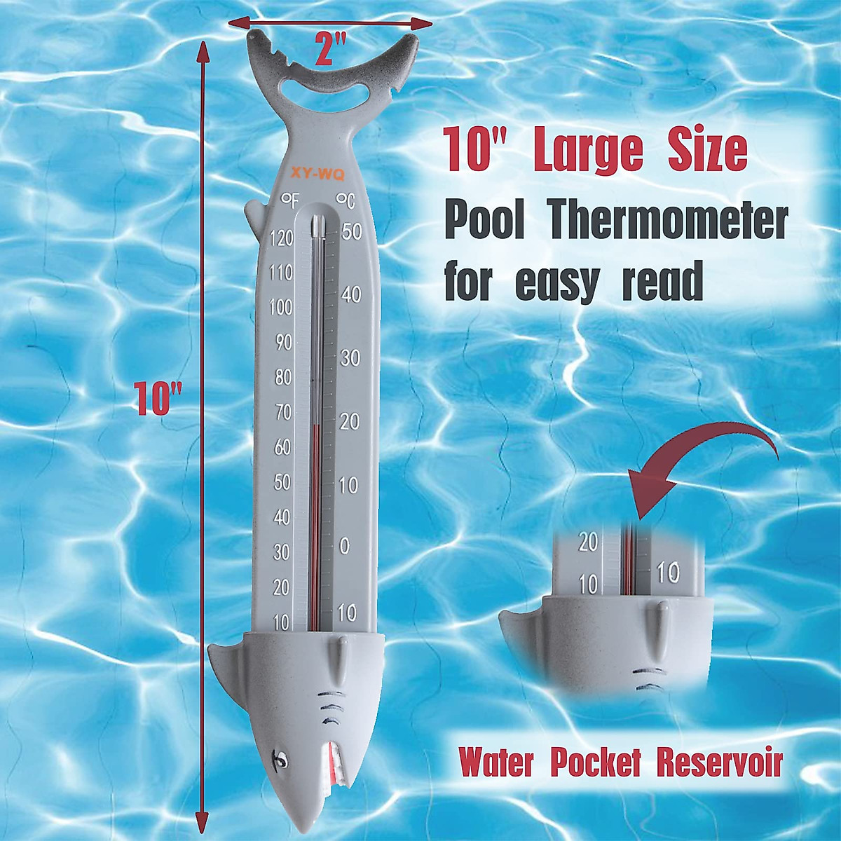 XY-WQ Large Pool Thermometer, Jumbo Easy Read for Water Temperature, Sinking for Accurate Readings - Swimming Pools, Spas, Hot Tubs, Ponds (Shark)