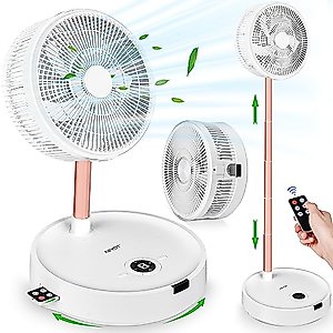 ABVOT Rechargeable Foldable Fan, 12" Portable Travel Fan, 8 Speeds & Time Settings with Remote Control, 10000mAh Desk Quiet Fan, Folded Floor Pedestal Fan for Bedroom, RV, Travel