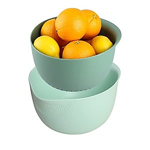 BLUE GINKGO Rice Strainer and Kitchen Colander Set - Strain Rice, Quinoa and Small Grains - Soak, Wash and Drain Vegetables and Fruit - (4 Quart Bowl) Olive and Sage