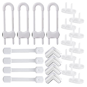 22 pcs Child Safety Lock and Corner Protector Outlet Cover, 8 pcs Strap Locks Baby Proofing Cabinet Locks for Fridge Drawers Dishwasher, 4 pcs Table Corner Guards and 10 pcs Electric Plug Protector