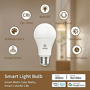 Ailofy LED Smart Light Bulbs, 16M Color Changing Dimmable, Works with Alexa & Google Assistant, RGBCW Colored Bulb, WiFi Light Bulbs, A19 E26, 9W 800LM, 1800K-6500K Tunable White, 4 Pack