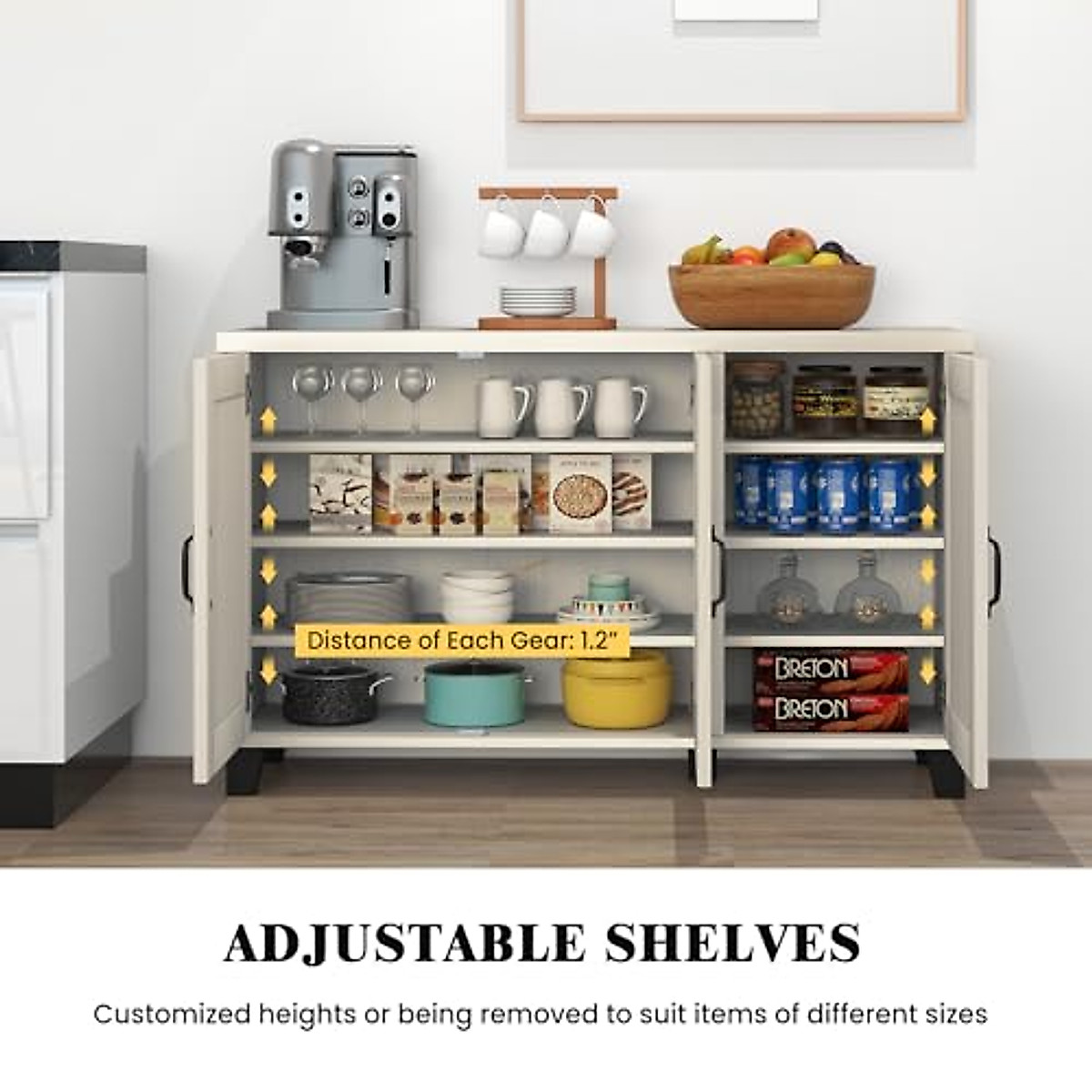 Giantex Buffet Cabinet Kitchen Storage Cupboard - 3 Door Sideboard with Adjustable Shelves, Cable Management Holes, Anti-Tipping Kits, Coffee Bar Console Cabinet for Living Room (Whitewash)