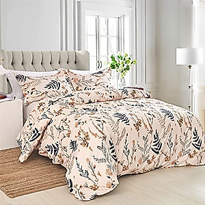 JSD 3 Piece Blush Floral Duvet Cover Set Queen, Soft Botanical Printed Microfiber Comforter Cover Zipper Closure Corner Ties
