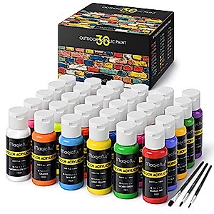 Magicfly Outdoor Acrylic Paint, Set of 30 Colors (60ml, 2oz.) Craft Paint with 3 Paint Brushes, Rich Pigments Multi-Surface Patio Paints for Christmas Decorations, Crafts, Rocks, Fabric, Leather, Paper & DIY Projects