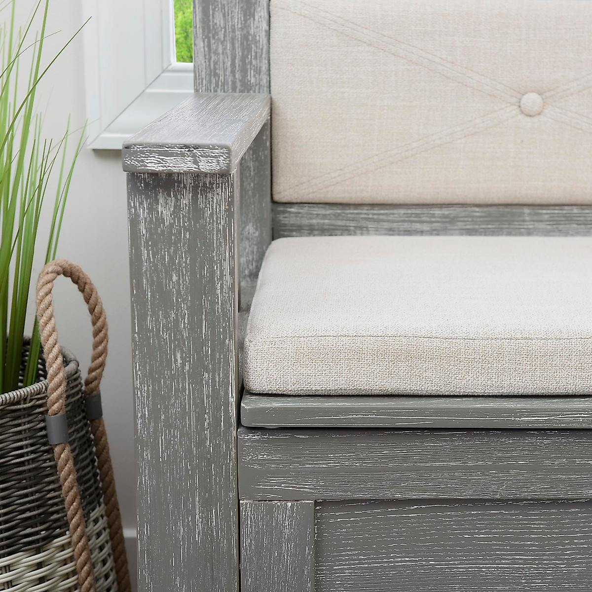Linon Weathered Grey Carlton Storage Bench with Beige Upholstered Back and Cushioned Seat
