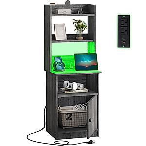 Clikuutory 47" Tall Nightstand with Charging Station & LED Lights, Large Nightstand with Adjustable Bookshelf, Modern Bedside Table with Storage Cabinet for Bedroom, Home Office, Grey