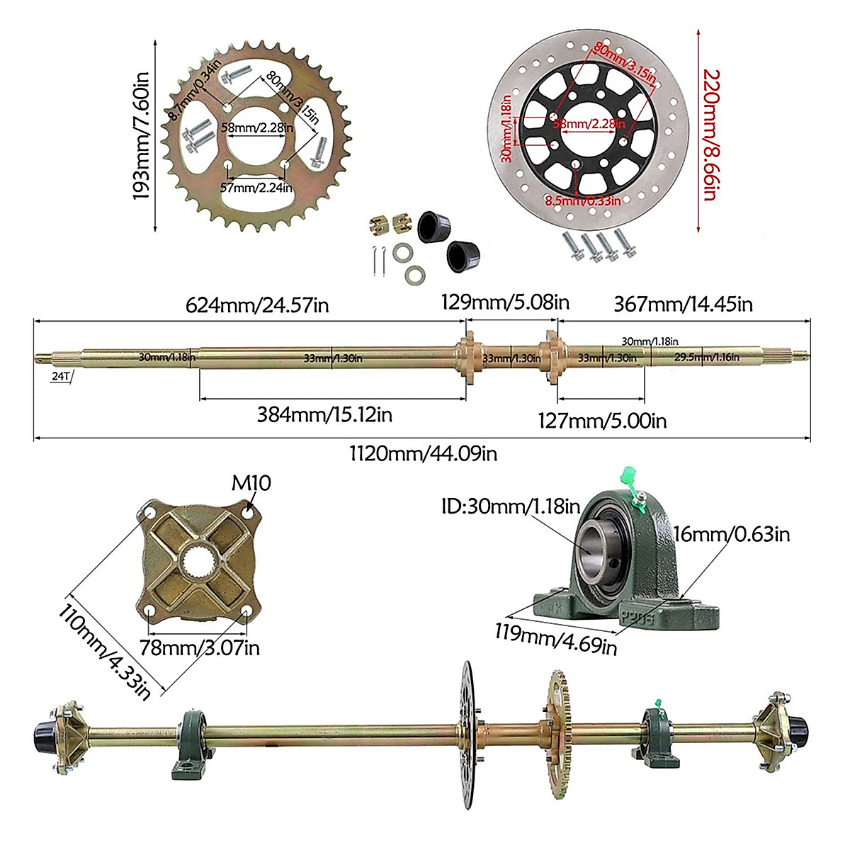MuChaIOAK 44" Rear Live Axle Complete Kit, Complete Go Kart Rear Rebuild Kit, with Sprocket + Pillow Block+ Brake Disc + 4 Bolt Hub for Go Kart Golf Cart ATV Buggy Quad