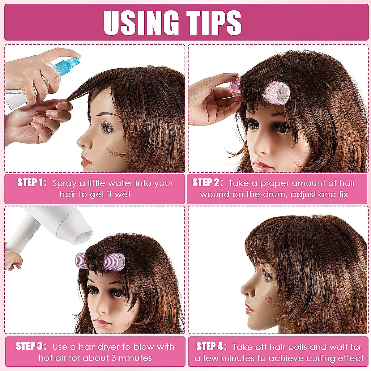 WILLBOND 4 Pcs Long Hair Rollers for Bangs Aluminum Core Curlers Thermal Self Grip Roller for Long and Medium Hair Women Hairstyle(4.1 x 1.2 Inch,Rose Red, Light Pink, Purple, Black)