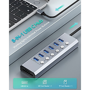 Powered USB 3.0 Hub, Elecife 8-Port Powered USB Hub, Aluminum USB Splitter with 6 USB 3.0 Data Ports, SD/TF Card Readers, Individual On/Off Power Switches and 5V/3A Power Adapter (42 inch)