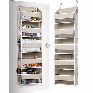 ULG 1-Pack Over Door Organizer with 5 Large Pockets 10 Mesh Side Pockets, 44 lbs Weight Capacity Hanging Storage Organizer with Clear Window for Bedroom Bathroom Kitchen, RV, Camper, Beige