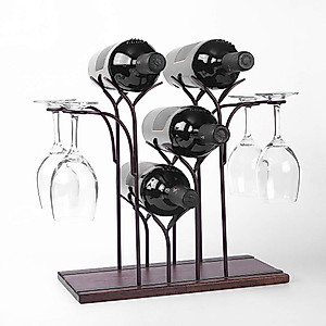 YCOCO Wine Racks Countertop,Tabletop Wood Wine Holder,Freestanding Wine Bottle Holder,Hold 4 Bottles and 4 Glasses,Perfect for Kitchen Home Bar Storage and Cabinet Decor,Bronze