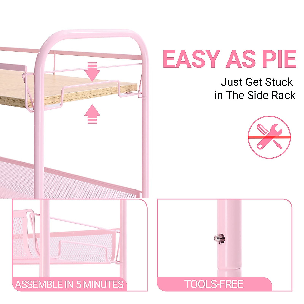 KINGRACK 4-Tier Metal Rolling Utility Cart, Pink, Flexible, Sturdy, Easy Assembly, Anti-Rust, Waterproof, Scratch-Resistant, Breathable Mesh Basket, Ideal for Home Storage