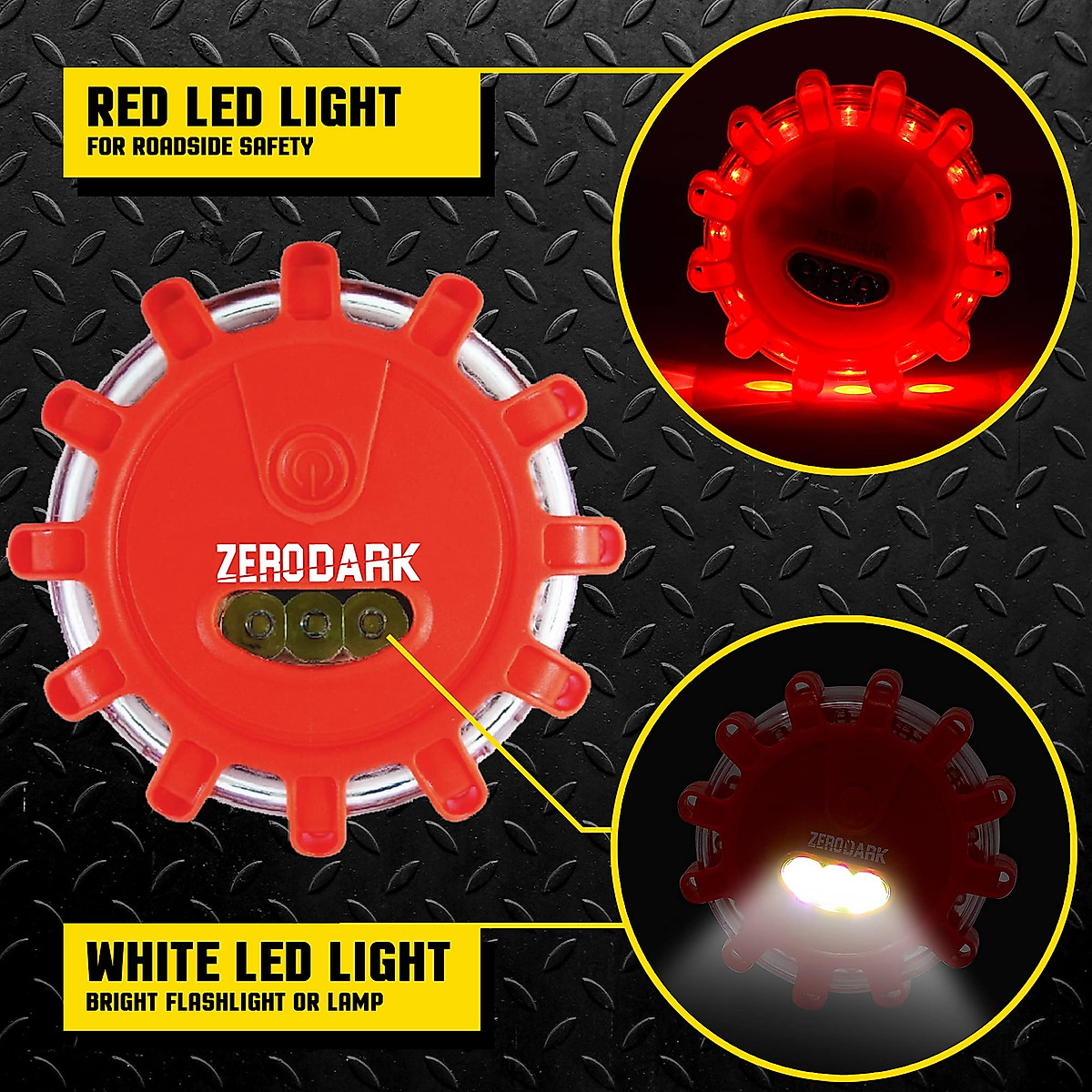 ZeroDark Road Flares LED Flashing Warning Light Emergency Roadside Safety Disc Highlights With Magnetic Base & Hook For Vehicles & Boat 1Pack