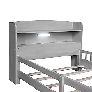 SOFTSEA Twin Size Platform Bed with Storage Headboard and LED Light, Wood Bed Frame with Fence Guardrails for Kids, Kids Twin Bed Frame, No Box Spring Needed, Gray