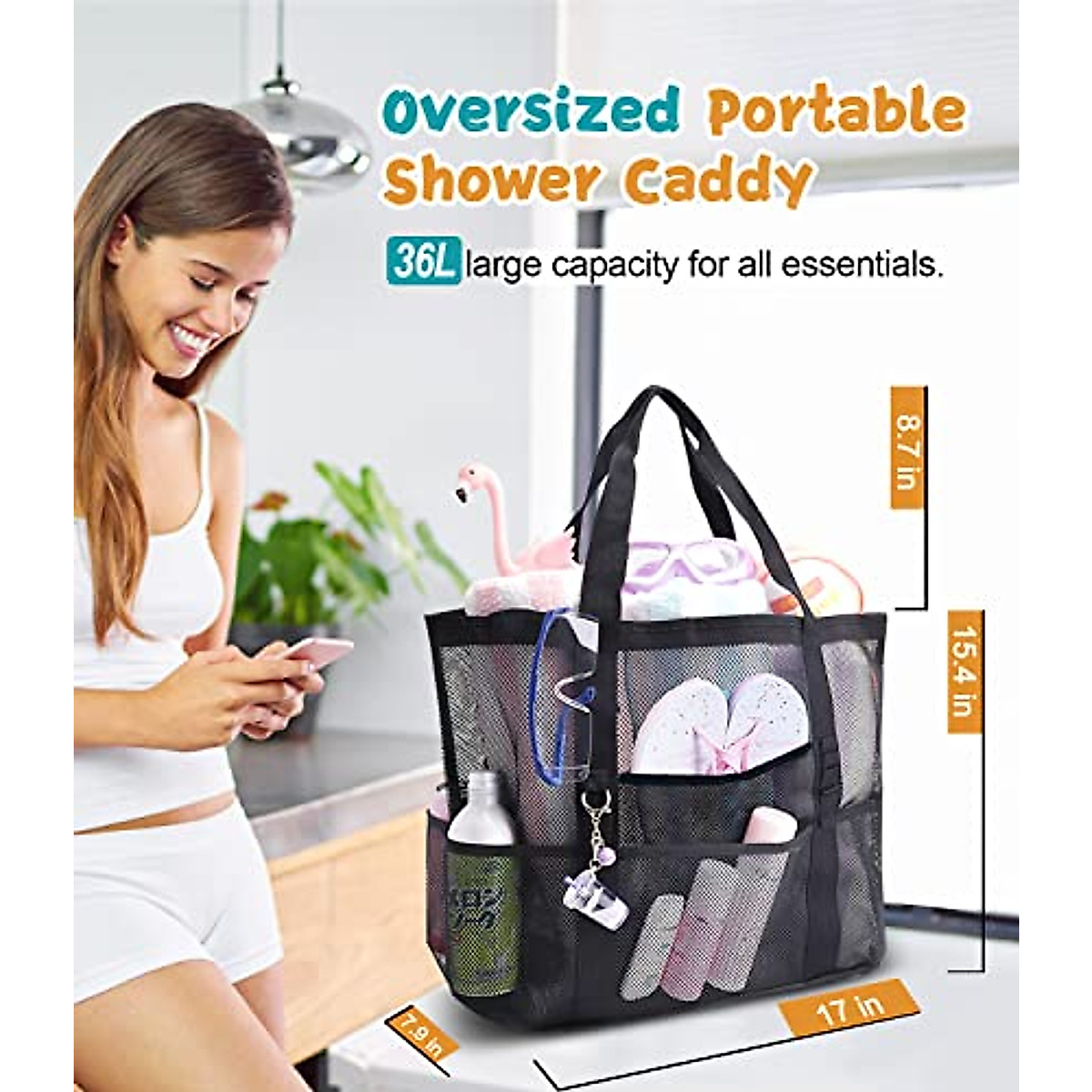 Alidor Large Capacity Mesh Shower Caddy Portable for College Dorm Room Essentials, 9-Pockets, Hanging Shower Tote Bag for Bathroom, Swimming, Beach, Fitness, Gym