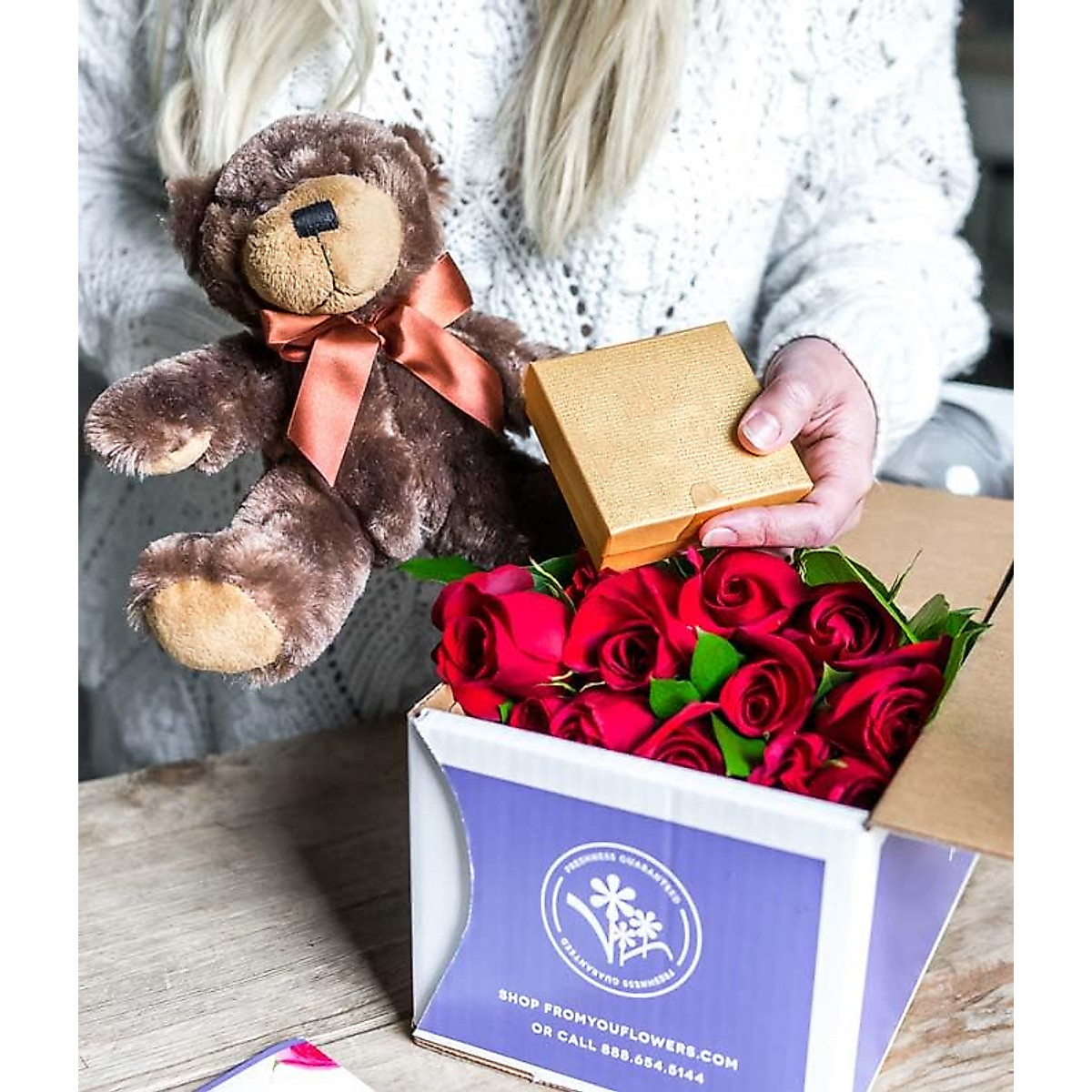 DELIVERY BY FRIDAY, 8/2 GUARANTEED IF ORDER PLACED BY 8/1 BEFORE 2PM EST From You Flowers - Two Dozen Long Stemmed Red Roses with Chocolates & Bear with Glass Vase (Fresh Flowers) Birthday,