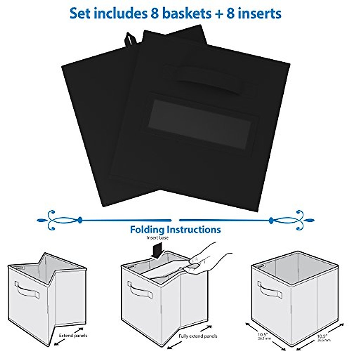 Royexe Storage Cubes - 11 Inch Cube Storage Bins (Set of 8). Features Large Label Window & Dual Handles & Fabric Cubby Organizer Baskets | Foldable Closet Shelf Organization Boxes (Black)