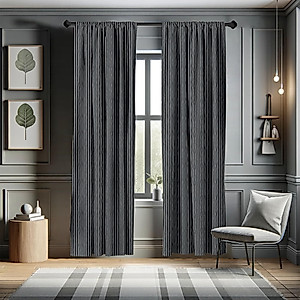 Ambesonne Pinstripe Window Curtains, Monochrome Black and White Design White Thin Uneven Lines on Dark Backdrop, Lightweight Decor 2-Panel Set with Rod Pocket, Pair of - 28" x 84", Black White