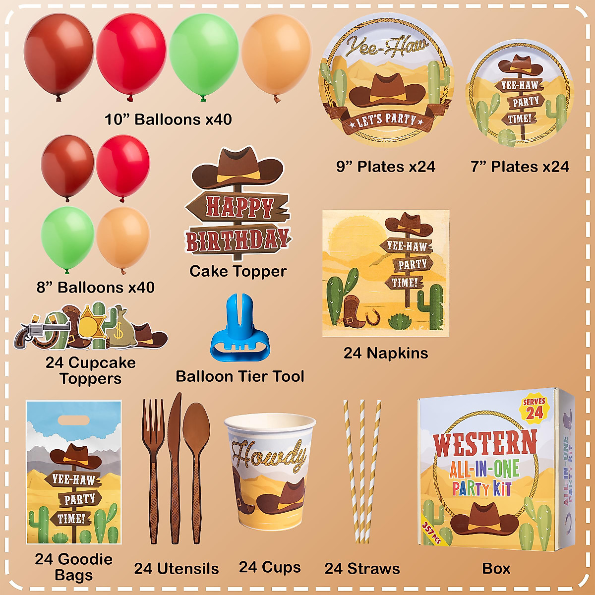 All-in-One 357 Pc Western Party Decorations (Serves 24) Rodeo Party Supplies with Plates, Cups, Napkins, Tablecloth, Balloons, Cake and Cupcake Topper and More Cowboy Birthday Decorations
