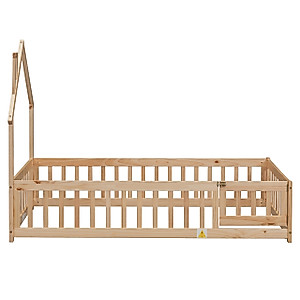MWrouqfur Wooden Toddler Floor Bed Frame,Twin Size Montessori Bed Frame with Fence and Gate Door for Toddlers 1-3 Kids Girls Boys,House-Shaped Headboard (Natural, Twin)
