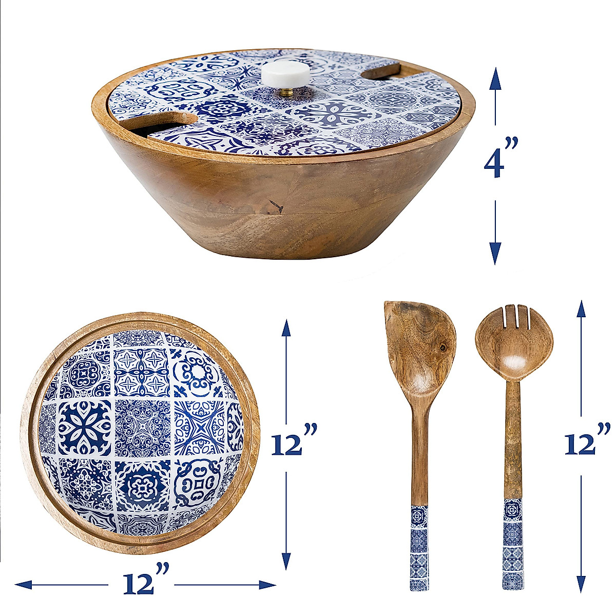 Decorative Wooden Salad Bowl Set with Lid and Servers in Moroccan Blue. Premium Mango wood bowls with Tongs Set for Salads, Cereal, Popcorn & Fruit. Great for Home and Entertainment! 12" Wooden bowl.