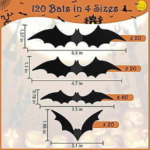 ZYFLSQ 120 Pcs Bats Wall Decor Halloween Decorations, 3D Bat Stickers for Home Decor 4 Size Scary Black Spooky Bats Party Supplies