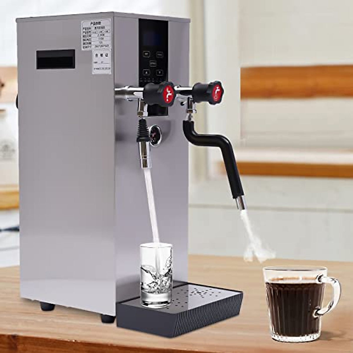 SHATUOA 12L Commercial Steam Water Boiling Machine, 4 in 1 Espresso Coffee Machine with 360° Water Valve, LED Screen Display Electric Milk Foam Machine for Bakery, Tea Restaurant