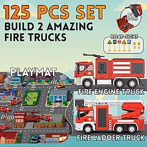 Take Apart Fire Truck Toy - 125 Pcs 2-in-1 STEM Building Kit Toy w/Drill - DIY Friction Power Firefighter Toy Building Set for Kids w/Light & Sounds, Boys & Girls, Ages 4 5 6 7 8 Years Old