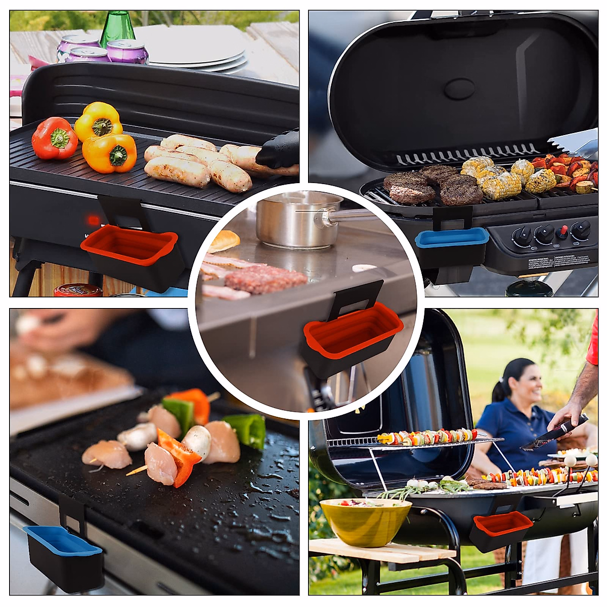 HUAKENER 2 Pcs Grease Cup Liners for Blackstone Grill, Blackstone Grease Catcher Silicone, Reusable Grill Drip Pan for Blackstone 17, 22, 28, 30, 36 Inch Griddle (Blue, Red 8” X 3” X 3.7”)