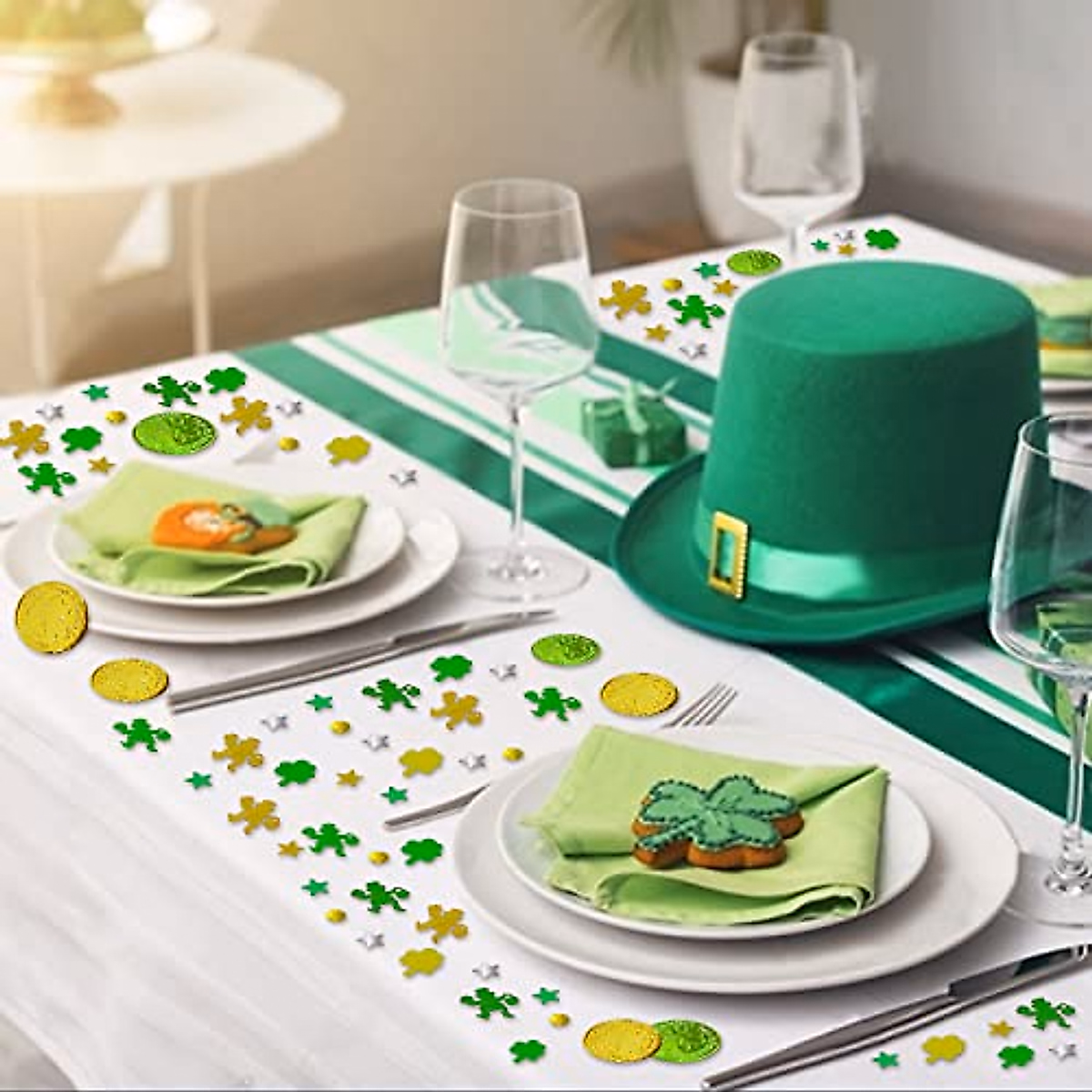 Cerlaza St. Patrick's Day Decorations Shamrocks Table Foil Confetti, 3 Pack Mix Styled Small Clover, Glitter Gold Dots, Hat Demon St Patricks Day Accessories with 30 pcs Shamrock Plastic Green and Gold Clover Lucky Coins