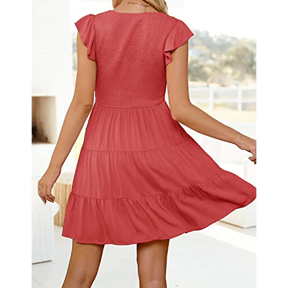 ZESICA Womens 2023 Summer Casual V Neck Flutter Sleeve Bohemian Ruffle Smocked A Line Swing Mini Dress,Watermelon,Small